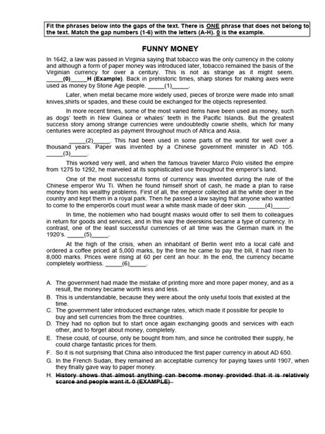 B1 Reading Gapped Sentences Funny Money Pdf Money Currency