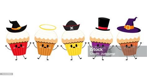 할로윈 컵 케이크 벡터입니다 할로윈 파티를위한 디저트 귀여운 만화 스타일의 벡터 그림 컵 케이크 할로윈 마스코트 거미에 대한