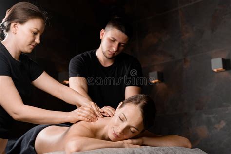 4 Hands Massage In Spa Two Masseurs Are Making Four Hands Relaxing