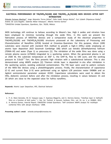 Pdf Electrical Performance Of Tin Hfo 2 Si 100 And Tin Hfo 2 X N X Si 100 Mos Devices