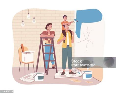 가족 함께 집 수리 작업을하고 벡터 아들은 아버지의 어깨에 앉아 새로운 평면에 벽을 그림 부모와 아이들은 아파트에서 개조를합니다