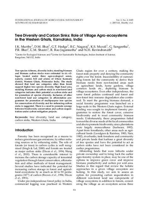 Pdf Tree Diversity And Carbon Sinks Role Of Village Agro Ecosystems
