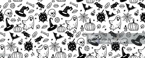 かわいいハロウィーンの手描きの落書きのモノクロシームレスなパターン ハロウィーンのベクターアート素材や画像を多数ご用意 ハロウィーン
