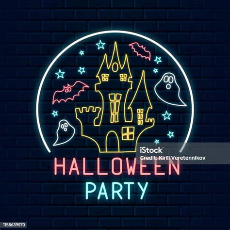 10 월 31 일 밤 동안 유령의 집 유령과 박쥐와 할로윈 네온 기호 벡터 고립 공포 빛나는 간판입니다 클럽 초대 휴일 빛나는 배너 10월에 대한 스톡 벡터 아트 및 기타