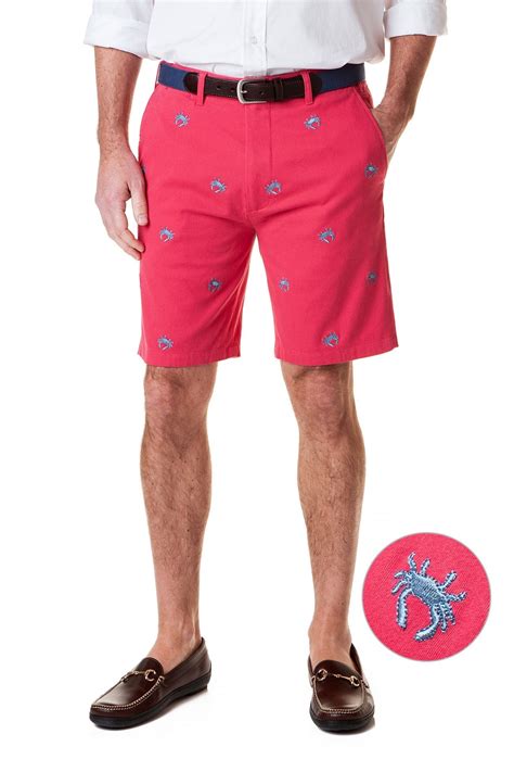 Castaway Mens Embroidered Bermuda Short Red Twill With Blue Crabs