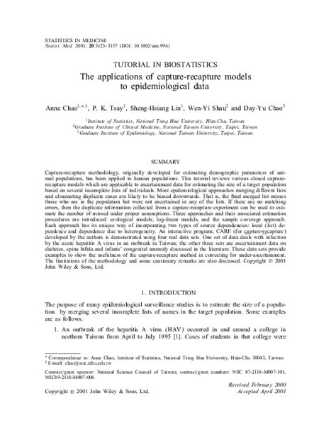 Pdf The Applications Of Capture Recapture Models To Epidemiological Data
