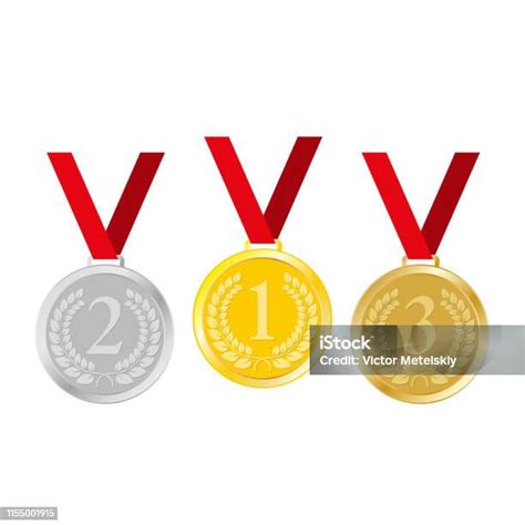 Medaille Icon Set Goud Zilver En Bronzen Medaille Met Lint Geïsoleerd