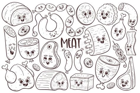 Cartoon Meat Doodle Collection Stock Vector Illustration Of Salami