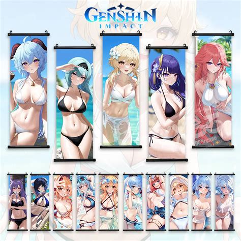 Genshin Impact Posters Keqing Hanging Painting Teyvat Wall Art Sexy Anime Girl Scrolls Picture