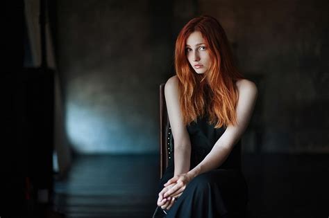 Model Women Redhead Eyeliner Looking At Viewer Chair Sitting