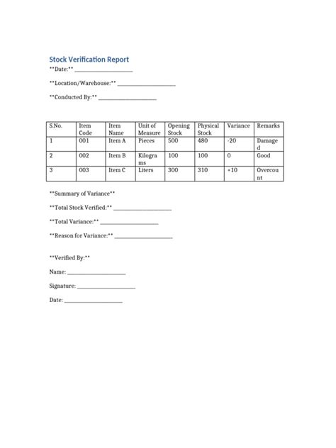 Stock Verification Format Pdf