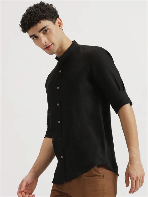 Black Pure Linen Mandarin Collar Full Sleeve Shirt Linen Trail