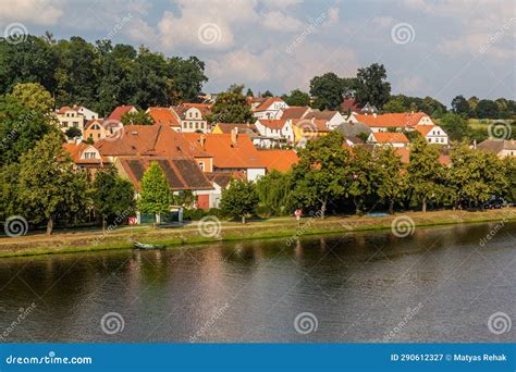 View Of Tyn Nad Vltavou Town With Vltava River Czech Republ Stock