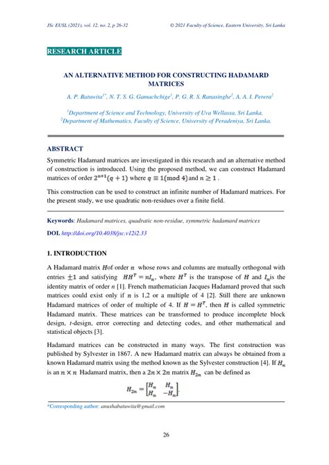 Pdf An Alternative Method For Constructing Hadamard Matrices