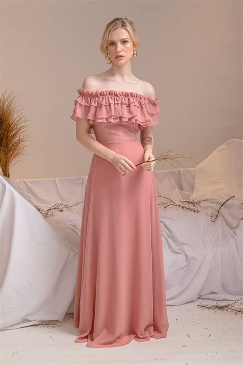 Magdalena Two Way Off Shoulder Chiffon Maxi Dress With Layered Ruffle