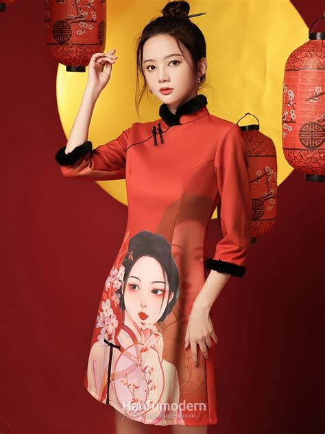 Fashion Cheongsam Chinese Red Short Cheongsam Dress Plush Thickening