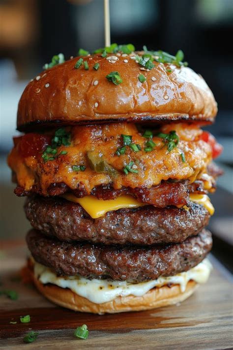 Giant Beef Burger Stacked With Three Juicy Patties Melted Cheese And