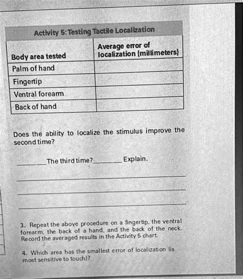 Activity 5 Testing Tactile Localization Average Error Of Body Area