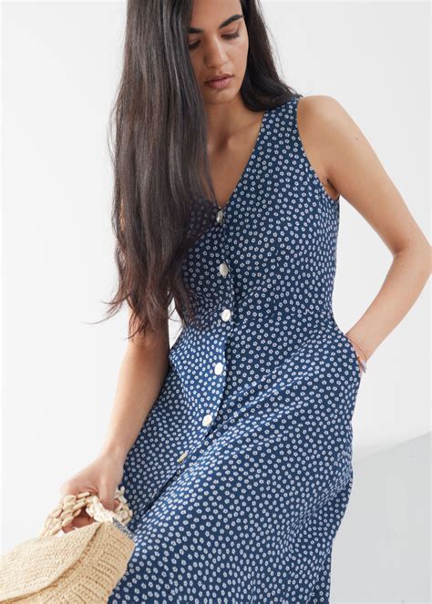 Sleeveless Button Up Midi Dress Blue Print Midi Dresses And Other
