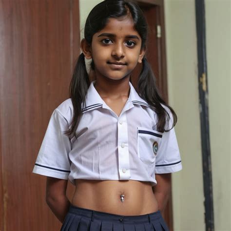 13 Year Old Indian Cute Girl Wearing Unbuttoned School Unifo By