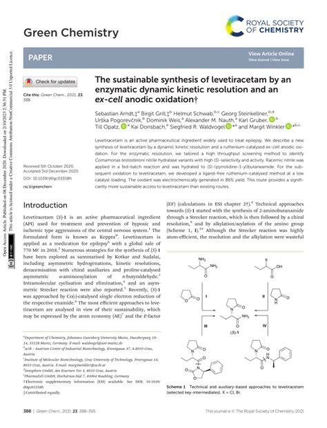 PDF The Sustainable Synthesis Of Levetiracetam By An Enzymatic Dynamic Kinetic Resolution And
