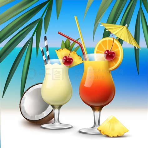 海洋背景 矢量热带鸡尾酒龙舌兰日出和 Pina Colada 在蔚蓝的海边与棕榈叶背景ai人工智能海洋大海太阳 模板免费下载 Ai格式 626