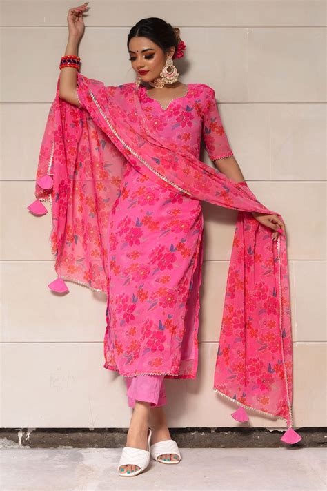 Buy Pink Chinnon Chiffon And Cotton Floral Leaf Kurta Pant Set For