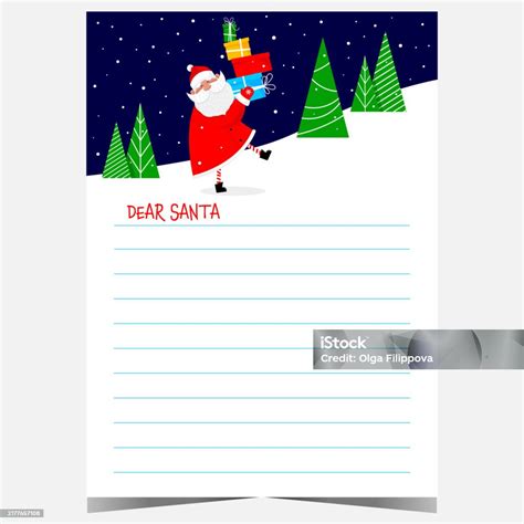 위시리스트와 재미있는 산타 클로스 캐릭터로 채우기위한 빈 줄이있는 산타에게 크리스마스 엽서 또는 편지 템플릿 12월에 대한 스톡 벡터 아트 및 기타 이미지 Istock