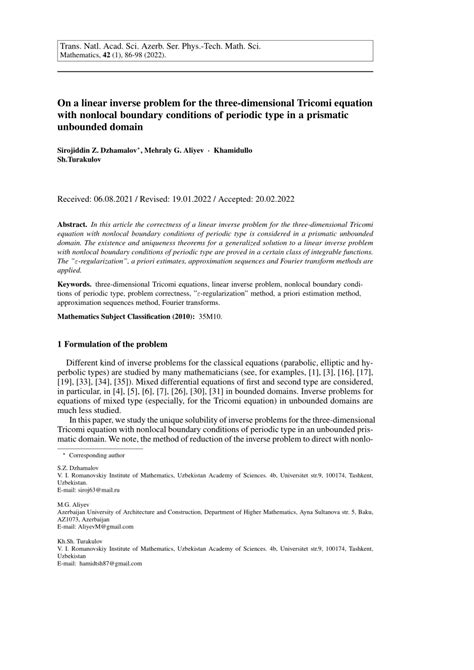 Pdf On A Linear Inverse Problem For The Three Dimensional Tricomi Equation With Nonlocal