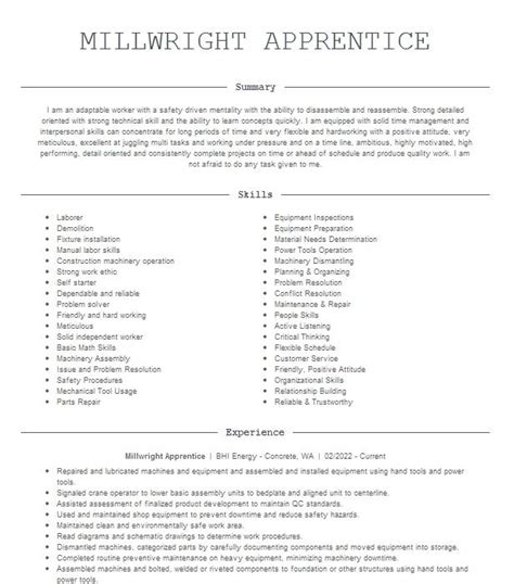 Millwright Apprentice Objectives Resume Objective
