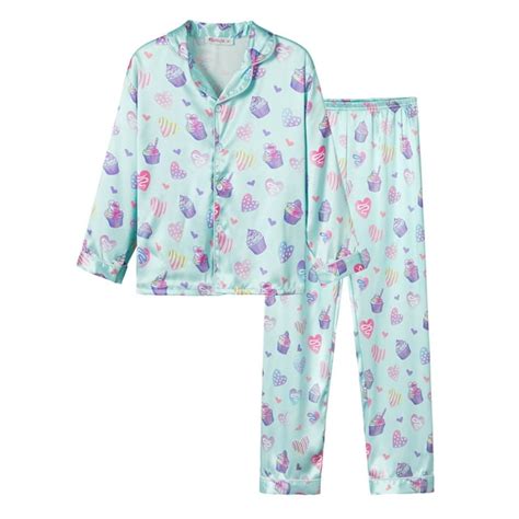 Teen Girls Satin Silk Button Up Pajama Cute Cupcake Long Sleeve Pjs Set