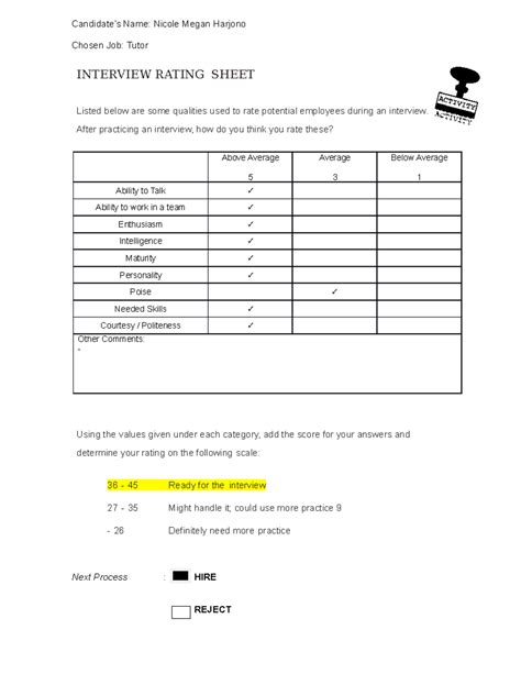 Interview Rating Sheet Candidates Name Nicole Megan Harjono Chosen Job Tutor Interview
