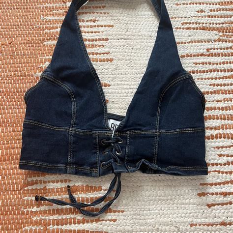 Urban Outfitters Halter Deep V Denim Top Size Xs Depop