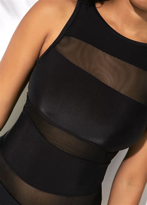 Black Mesh Panel Scoop Back One Piece Swimwear Rosewe USD
