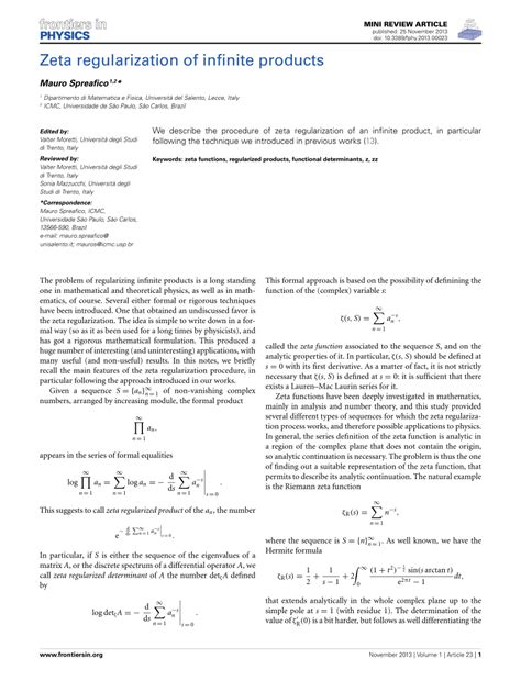 Pdf Zeta Regularization Of Infinite Products