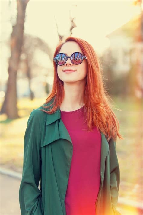 Style Redhead Girl In Sunglasses Stock Image Image Of Cloak Emotion
