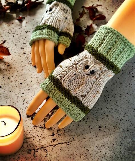 Knitted Owl Fingerless Gloves Knit Flat On 2 Straight Needles