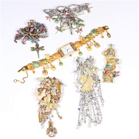 Lot Kirks Folly Costume Jewelry Group Of Dangle Brooches And Watch 7l X 34w Watch