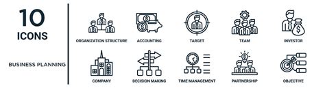 사업 계획 개요 아이콘 세트에는 얇은 선 조직 구조 목표 투자자 의사 결정 파트너십 목표 보고서 프레젠테이션 다이어그램 웹 디자인에 대한 회사 아이콘이 포함됩니다 금융에