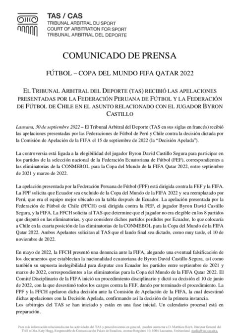 Perú Apeló Al Tas Decisión De La Fifa Por Byron Castillo Y Pide Ir Al