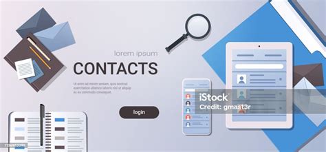 스마트폰 태블릿 화면 및 주최자 연락처 목록 비즈니스 연락처 개념 최고 각도 보기 직장 바탕 화면 사무실 물건 복사 공간 수평 콘택트렌즈에 대한 스톡 벡터 아트 및 기타