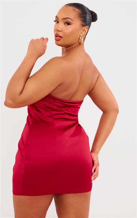 Plus Red Satin Bandeau Cup Detail Mini Dress Plus Size