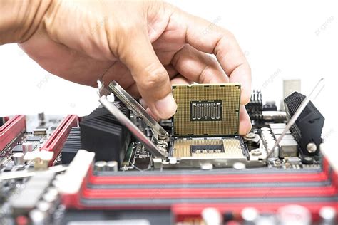 Displaying The Ic Surface And Motherboard With A Hand Holding The Cpu Photo Background And