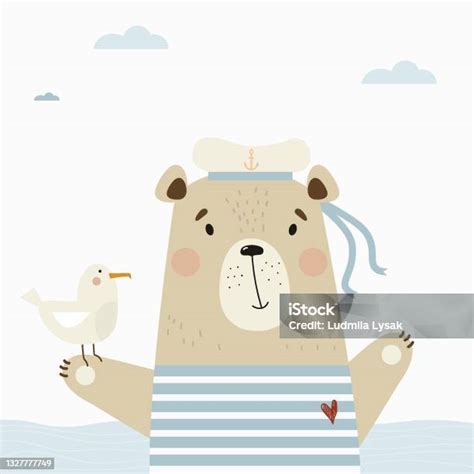줄무늬 조끼와 바다에서 갈매기와 모자를 쓴 귀여운 곰 선원 벡터 그림입니다 어린이 컬렉션 엽서 디자인 인쇄 침실 및 보육 장식