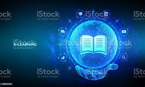 E러닝 혁신적인 온라인 교육 기술 개념 세계지도 포인트 및 선 구성 손에 지구 행성 지구 웨비나 온라인 교육 과정 기술 개발 벡터 그림입니다 개발에 대한 스톡 벡터 아트 및