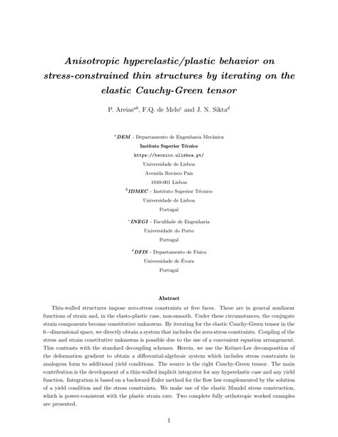 Pdf Anisotropic Hyperelasticplastic Behavior On Stress Constrained Thin Structures By