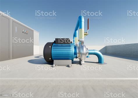 물 탱크 옥상에 있는 물 펌프 스테이션의 3d 렌더링 원심 펌프 전기 모터 파이프 라인 밸브 및 전기 제어 상자를 포함합니다 분배 용수를위한 산업 작업의 기계 물 펌프에