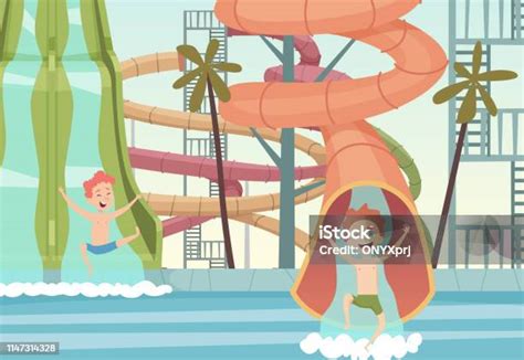 워터 파크 게임 어린이 수영 점프와 물 야외 수영장에서 재생에 대 한 재미 있는 명소 벡터 만화 배경 워터 파크에 대한 스톡