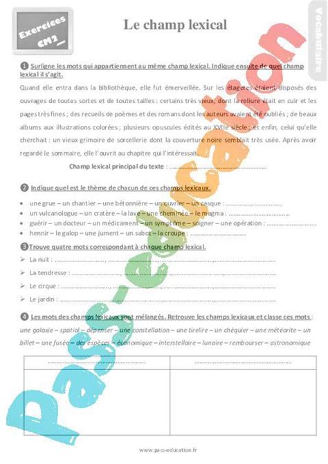 Champ lexical au Cm2 Exercices révisions PDF à imprimer par Pass