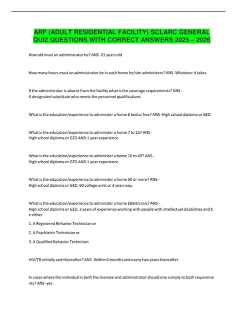 Arf Adult Residential Facility Sclarc General Quiz Questions With